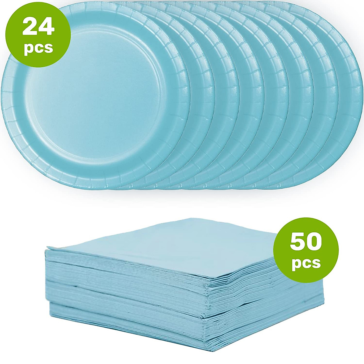 CUSINIUM [24 pcs 7" Pastel Blue Paper Dessert Plates with [50 pcs] 3-ply Pastel Blue Party Napkins