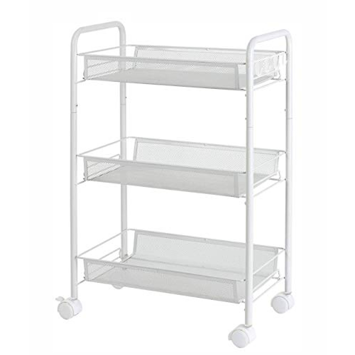 Rolling Storage Cart 3-Tier Metal Mesh Basket Shelves Kitchen Organizer with Wheels(White)