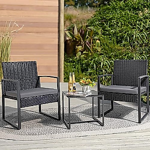 GUNJI Patio Furniture Sets 3 Pieces Outdoor Conversation Set with Coffee Table Patio Wicker Rattan Chairs Set Bistro Sets for Garden, Yard, Lawn, and Balcony (Gray)