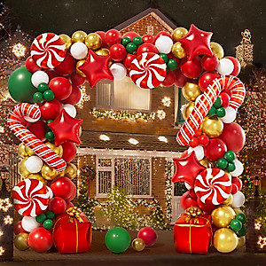 AobkDeco 151PCS Christmas Arch Kit with Red, White, Golden, Dark Green Balloons, Candy Foil, Candy Cane, Gift Box, Star Balloons for Christmas Party Decorations