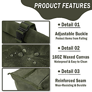 Kaaltisy Heavy Duty Lunch Bags Waxed Canvas Roll-top Lunch Boxes Waterproof Reusable Lunch Bag with Adjustable Buckle, Green, Hard Handfeel