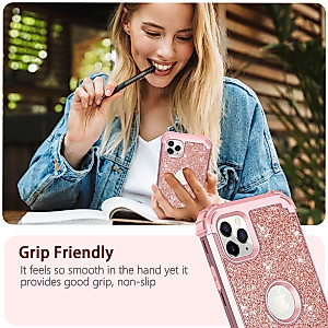 LONTECT for iPhone 11 Pro Max Case Glitter Sparkly Bling 3 in 1 Shockproof Heavy Duty Full Body Sturdy Protective Case for Apple iPhone 11 Pro Max with 2 Screen Protector+2 Camera Protector,Rose Gold