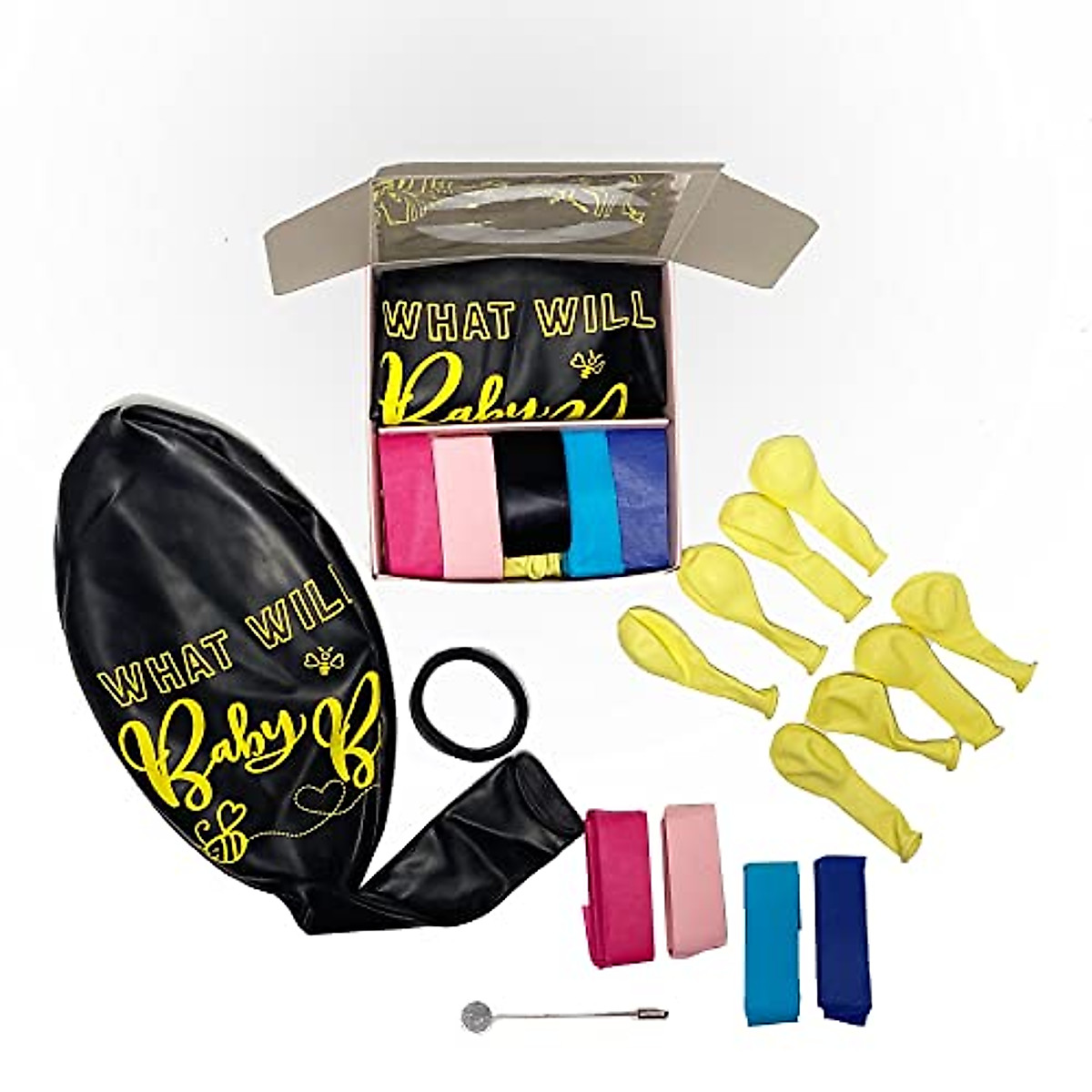 What Will Baby Bee Gender Reveal Balloon - 36" Black Balloon - Pink and Blue Confetti for Boy or Girl - Baby Shower Gender Reveal Party Supplies Decoration Kit