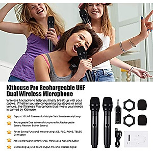 KITHOUSE K380S UHF Rechargeable Wireless Microphone Karaoke Microphone Wireless Mic Dual with Receiver System Set - Professional Handheld Dynamic Cordless Microphone for Singing Karaoke Speech Church