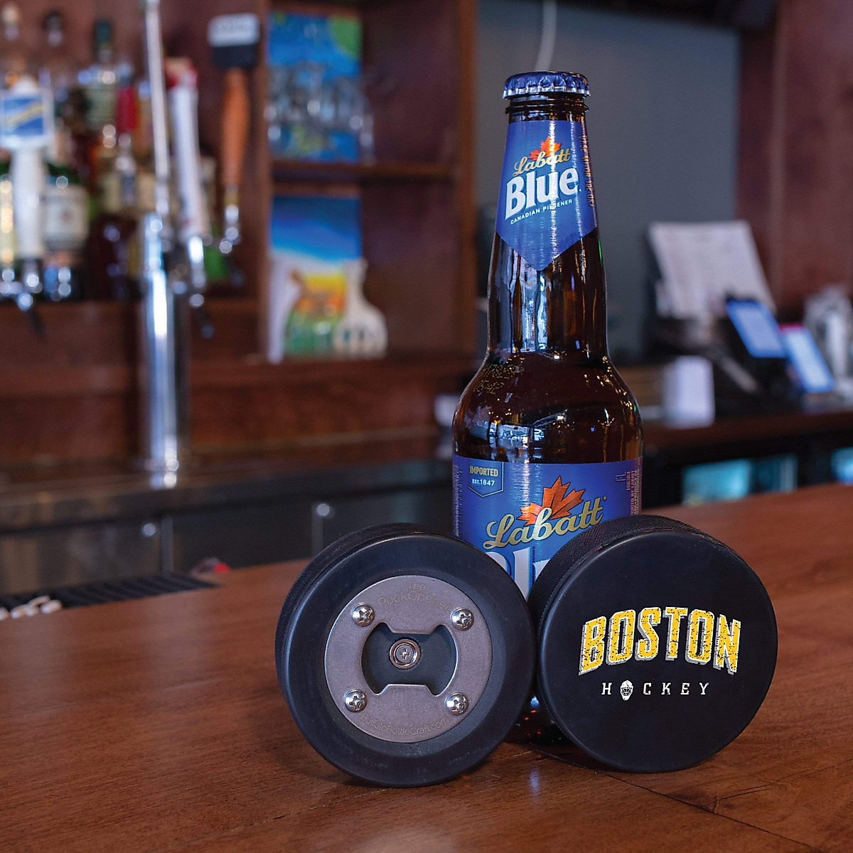 Boston Bottle Opener, Made from a Real Hockey Puck, Cap Catcher Magnet, Drink Coaster, Hockey City Design, The PuckOpener