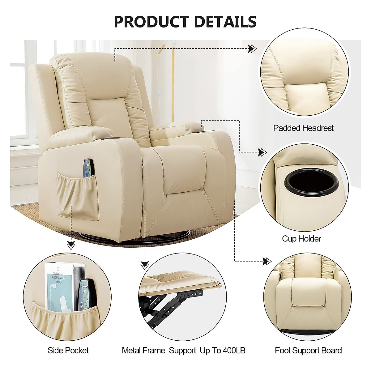 COMHOMA Recliner Chair, PU Rocking Chair for Adults, Swivel Recliner with Cup Holders, Heat and Massage, Single Sofa Seat with Side Pockets for Living Room, Bedroom (White)