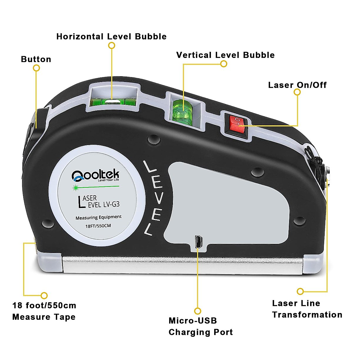 Green Laser Level, Qooltek Rechargeable Multipurpose Cross Line Laser Tool with Vertical and Horizontal Line 18FT/5.5M Measuring Tape