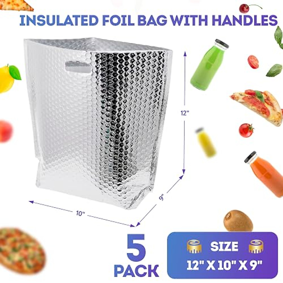 APQ Insulated Foil Bag with Handles, 12 x 10 x 9 Inches. 5 Pack Thermal Bags for Frozen Food. Metallized Foil Insulated Box Liners with Bubble Cushion. Insulated Shipping Bags for Food, Cosmetics
