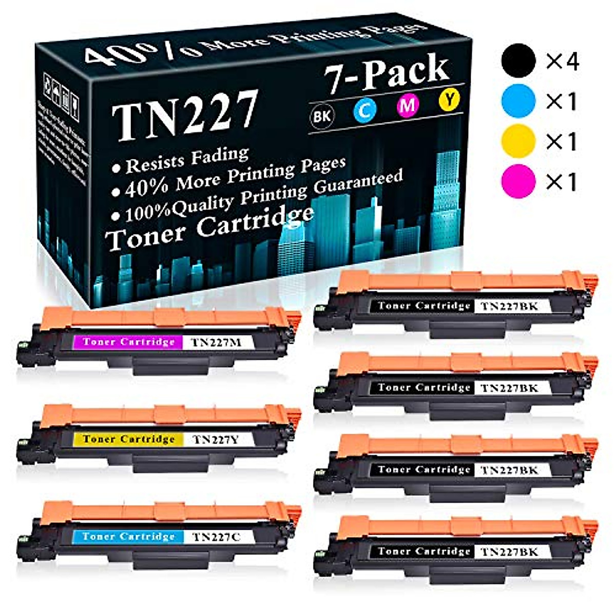 7-Pack (4BK+C+M+Y) Cartridge TN227BK,TN227C,TN227M,TN227Y Toner Cartridge Replacement for Brother MFC-L3770CDW L3710CW L3750CDW L3730CDW HL-3210CW 3230CDW 3270CDW 3290CDW DCP-L3510CDW L3550CDW Printer