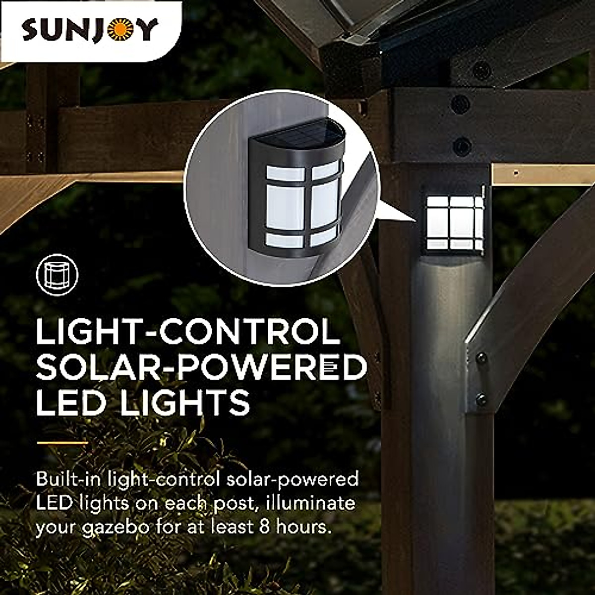 Sunjoy 13.5 x 13.5 ft. Hardtop Gazebo Outdoor Patio Black Steel Gazebo with LED Lights, AC Outlet, USB Port and A 3-Meters Universal Power Supply Cable, Black