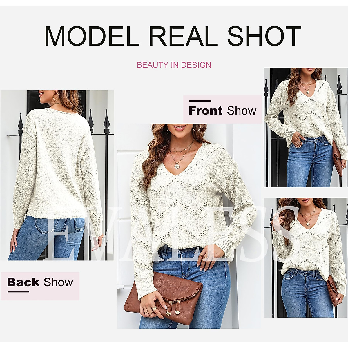 EVALESS Fall Sweaters for Women 2024 Knit Top Long Sleeve White Sweaters Blouses for Women Dressy Casual Sexy Summer Sweaters for Women Lightweight Outfits Clothes Sexy V Neck Crochet Tops, Medium