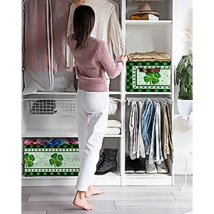 Storage Bins,Spring Four Clover Leaf Green Lattice Lucky Quote St. Patrick's Day Storage Basket with Handles,Waterproof Collapsible Storage Bin,Shamrock Storage Organizer for Shelves Closet