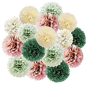 16pcs Dusty Rose Olive Sage Green Tissue Paper Pom Poms Flowers Sage Green Dusty Pink Party Decorations for Bridal Shower Baby Shower Rustic Wedding Birthday Engagement Party Decorations