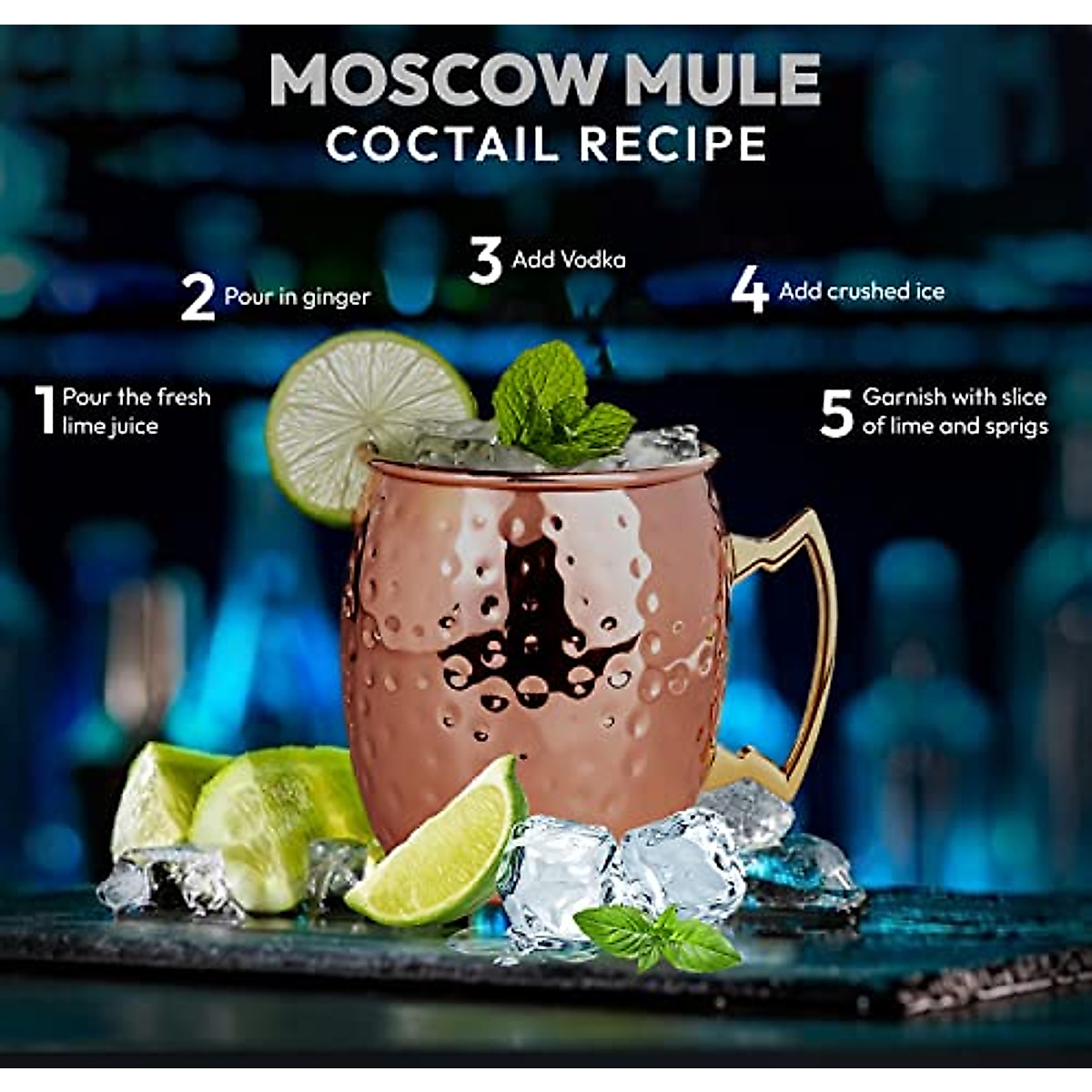 ARTISANS VILLAGE Moscow Mule Mugs | Set of 4 | Stainless Steel Lining | Pure Copper Plating | 100% Handcrafted Hammered Cups | Size 16 oz | With Premium Straws and Shot Glass