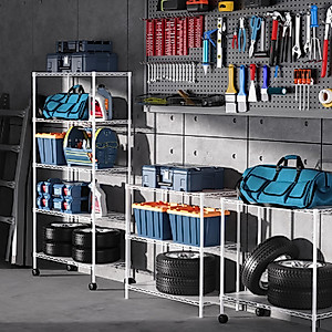 5 Tier NSF Metal Shelf Wire Shelving Unit, 60" H x 30" L x 14" D - 750lbs Capacity Heavy Duty Adjustable Storage Rack with Wheels & Shelf Liners for Closet Kitchen Garage Basement and More - White