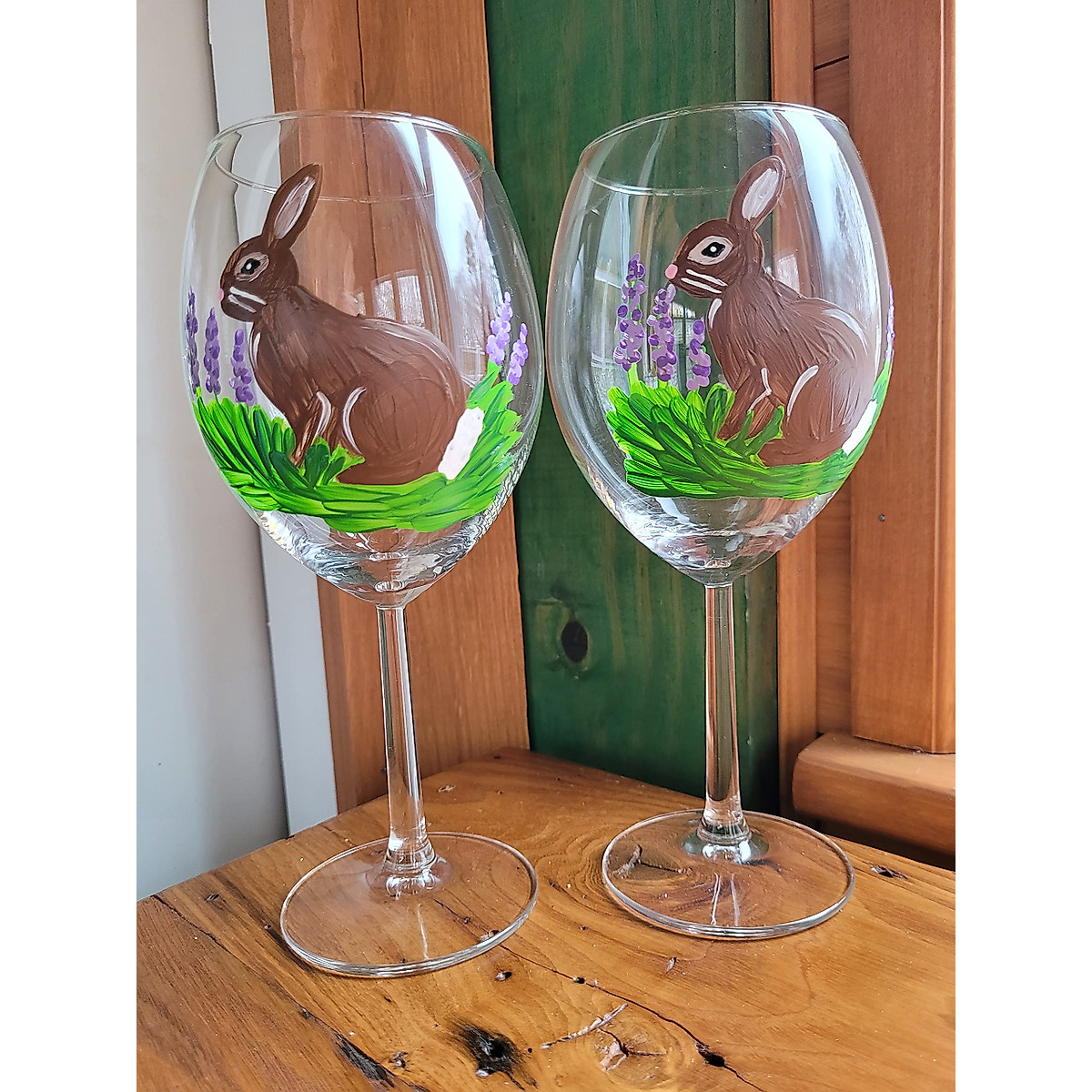 Bunny Rabbit Hand Painted Stemmed Wine Glasses Set of 2