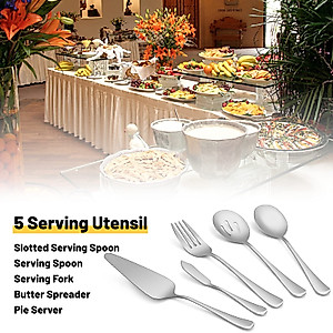 Matte Serving Utensils HaWare 5-Piece Stainless Steel Hostess Serving Set for Party Kitchen Restaurant, Satin Finished, Dishwasher Safe, Include Spoons, Slotted Spoon, Forks, Pie Server, Butter Knife