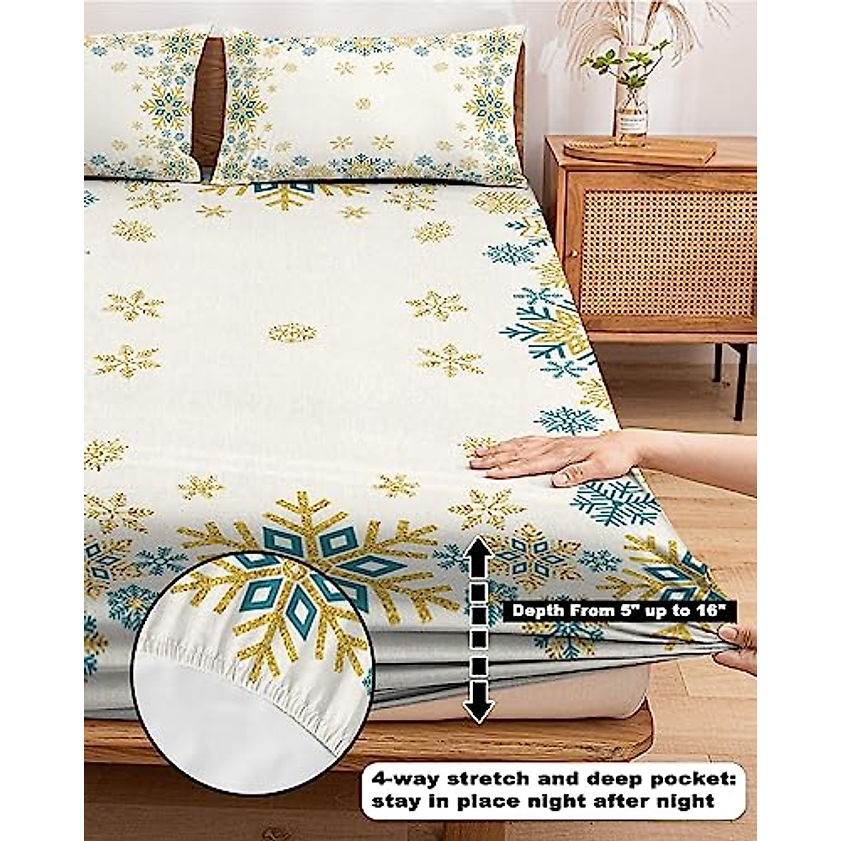Twin Size Fitted Sheet Bed Set Christmas Abstract Snowflake Texture Deep Pocket Soft Bottom Sheets&Pillowcases for Bedroom Decor Gold Blue Snow Flower on Flax,Fits Mattress Up to 16" Deep