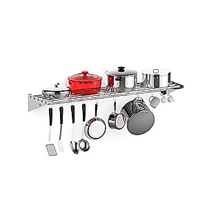 RIEDHOFF Metal Kitchen Rack for Storage and Organization, [NSF Certified] 12" x 48" Stainless Steel Wall Mount Shelf with 10 S Hooks for Hanging Pots, Pans, Cookware in Home and Restaurant