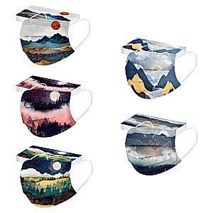 Felicy 50PC Sun Mountain Forest Watercolor printed Disposable Face Mask, Full Face Protection Women Adults Nose Clip Elastic Earloop (F - Mixed Colors), 6.9 x 3.7inch / 17.5 x 9.5cm