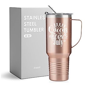 Onebttl Funny Birthday Gifts for Women, Her, Birthday Queen, 40 oz Tumbler with Handle, Rose Gold, Queens are Born in July