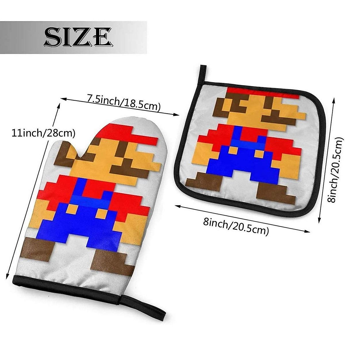 HENGE Pixel Mario Oven Mitts and Pot Holders Sets of 2,Resistant Hot Pads,Flexible Cooking Oven Gloves for Microwave BBQ Cooking Baking Grilling