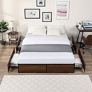 HAUSHECK Queen Size Bed Frame, Queen Platform Bed w/ 4 Large Storage Drawers on Wheels, Metal Bedframe No Box Spring Needed w/Strong Metal Slat Support Mattress Foundation for Kids, Teen & Adults