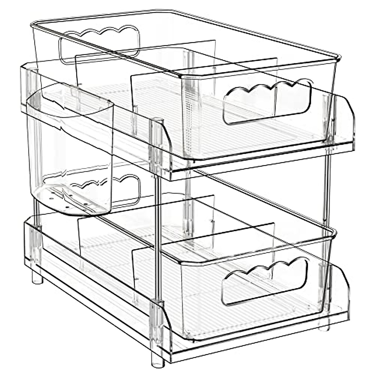 DOMNIU 2 Tier Clear Organizer with Dividers, Pantry Organization and Storage Multi Purpose Slide-Out Bathroom Organizer, Kitchen Pantry Medicine Cabniet Bins, Under Sink Organizer with Hanging Cup