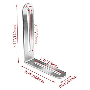 Rierdge 10 Pcs Slotted L Brackets Heavy Duty, 120mm Adjustable L-Shape Corner Brace, Stainless Steel Right Angle Brackets for Wood, Furniture, Shelves (4.8 Inch Silver)
