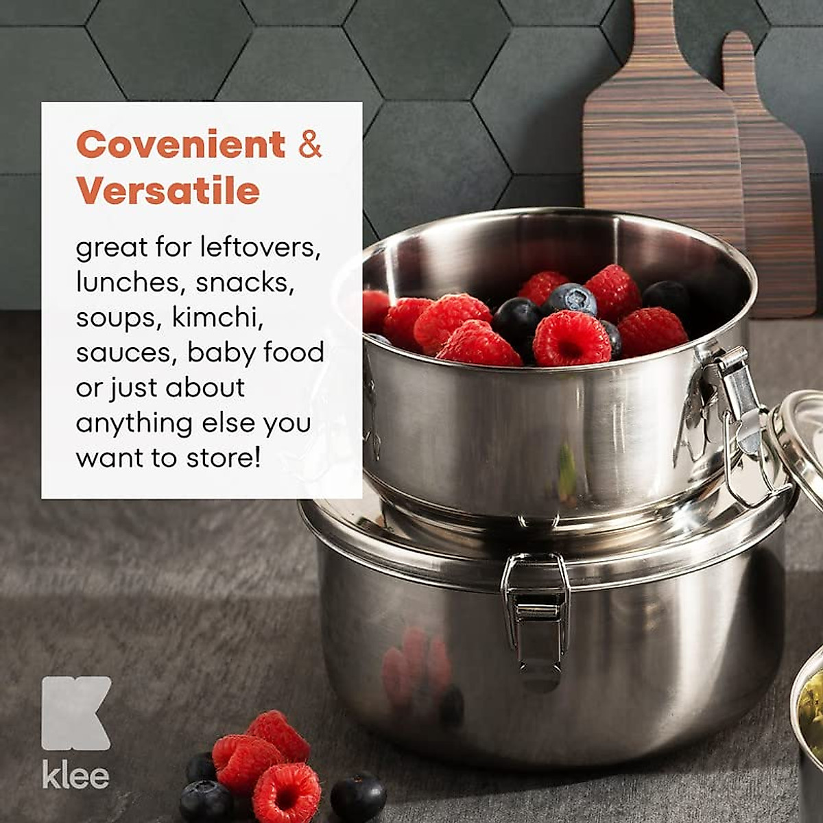 Klee 2 pc Stainless Steel Food Storage Container Set With Lids - Easy Clean, Smell-Proof, Airtight & Leakproof Containers - Large and Extra Large Sizes (50, 67 fl oz) - 304 Stainless Steel