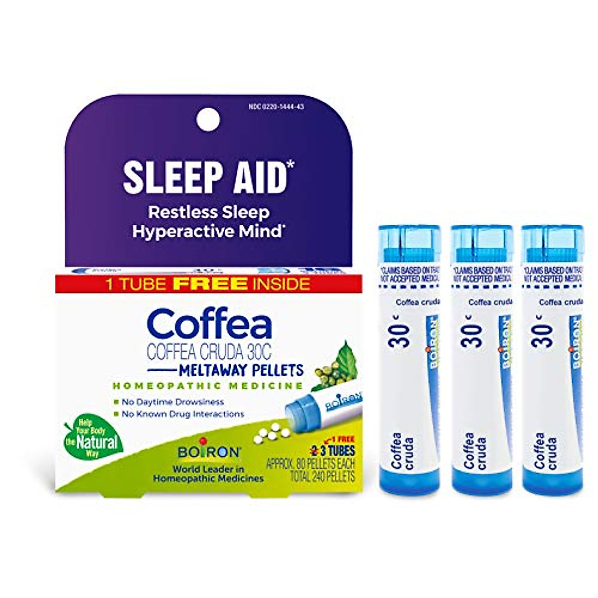 Boiron Coffea Cruda 30C Homeopathic Sleep Aid for Restless Sleep, Mental Hyperactivity, Racing Thoughts, and Difficulty Sleeping - 3 Count (Pack of 1) (Total 240 Pellets)