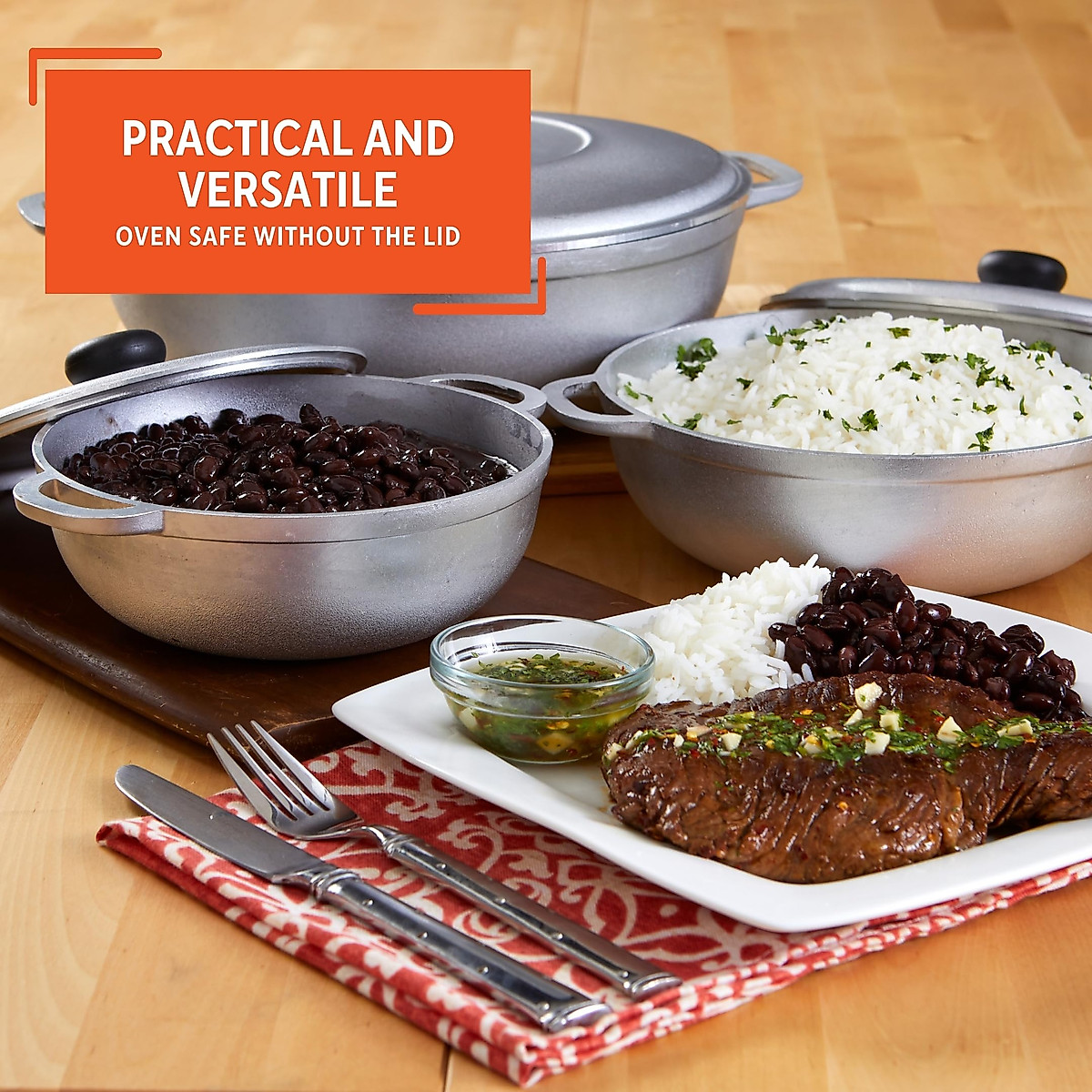 IMUSA USA Traditional Colombian Natural Caldero Matching Aluminum Lid 3-Piece (3.5/7.0/11.0 Quart) Dutch Oven Set, Silver (GAU-89224DS), Large