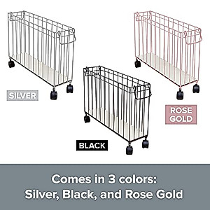 Metal Rack Storage Organizer - Wire Basket File Organizer - Magazine Holder - Metal Wire Rack Caddy w/ Wheels & Removable Liner - Slim Small Basket Storage Container, 19.7x5x13.8” Black Wire Basket