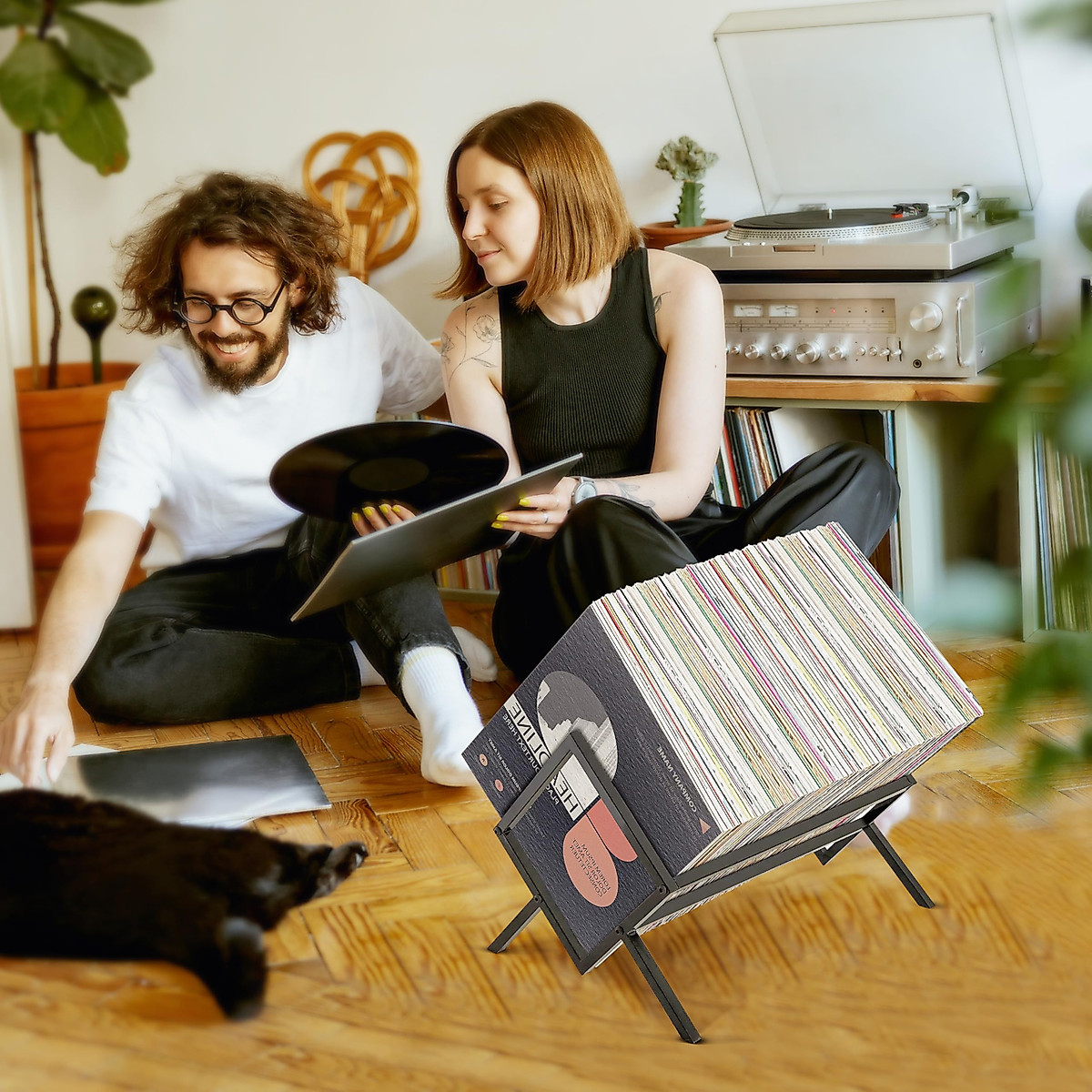 2BHOME Vinyl Record Storage Holder, Holds up to 90 -110 LPs, Metal Vinyl Record Organizer Stand, Simple/Functional/Easy Assembly, Classical Design for Files/Book/Magazine Record Rack (Black)