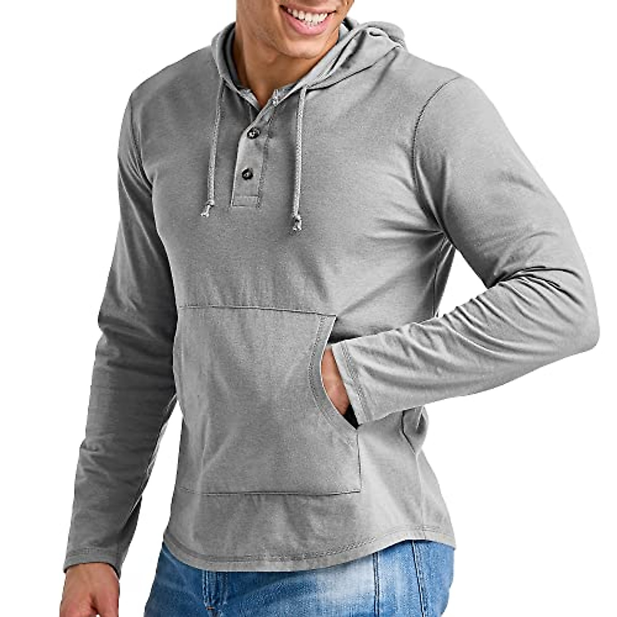 Hanes Comfortblend Men's Originals Lightweight Jersey Hoodie, Cotton Hooded Sweatshirt with Henley Collar, Light Steel, Large