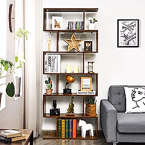 Tangkula 6 Tier S Shaped Bookshelf, 31.5''L x 9''W x 75''H, Wooden Bookcase and Bookshelves w/Anti-Toppling Device, Room Divider Display Shelves for Living Room, Home Decor, 6 Shelf Bookshelf