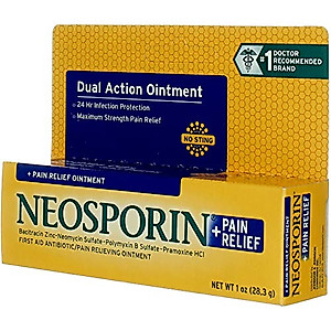 Neosporin + Maximum-Strength Pain Relief Dual Action Ointment, First Aid Topical Antibiotic & Analgesic Ointment for 24-Hour Infection Protection with Bacitracin Zinc & Pramoxine HCl, 1 oz (Pack of 2)