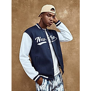 Floerns Men's Letter Graphic Print Long Sleeve Color Block Baseball Jacket Blue and White M