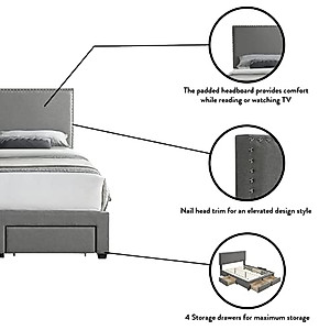 DG Casa Lucas Upholstered Platform Bed Frame with Storage Drawers Nailhead Trim Headboard and Full Wooden Slats, Box Spring Not Required-Queen Size in Grey Polyester Blend Fabric