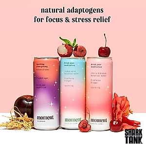 Moment Adaptogen Drink (Shark Tank) - SPARKLING Combo | Cherry Hibiscus, Lychee Mint, Plum Ginseng | L-Theanine & Ashwagandha for Calm & Clarity | 0 Added Sugar, 0 Caffeine, 0 Alcohol | 12-pack