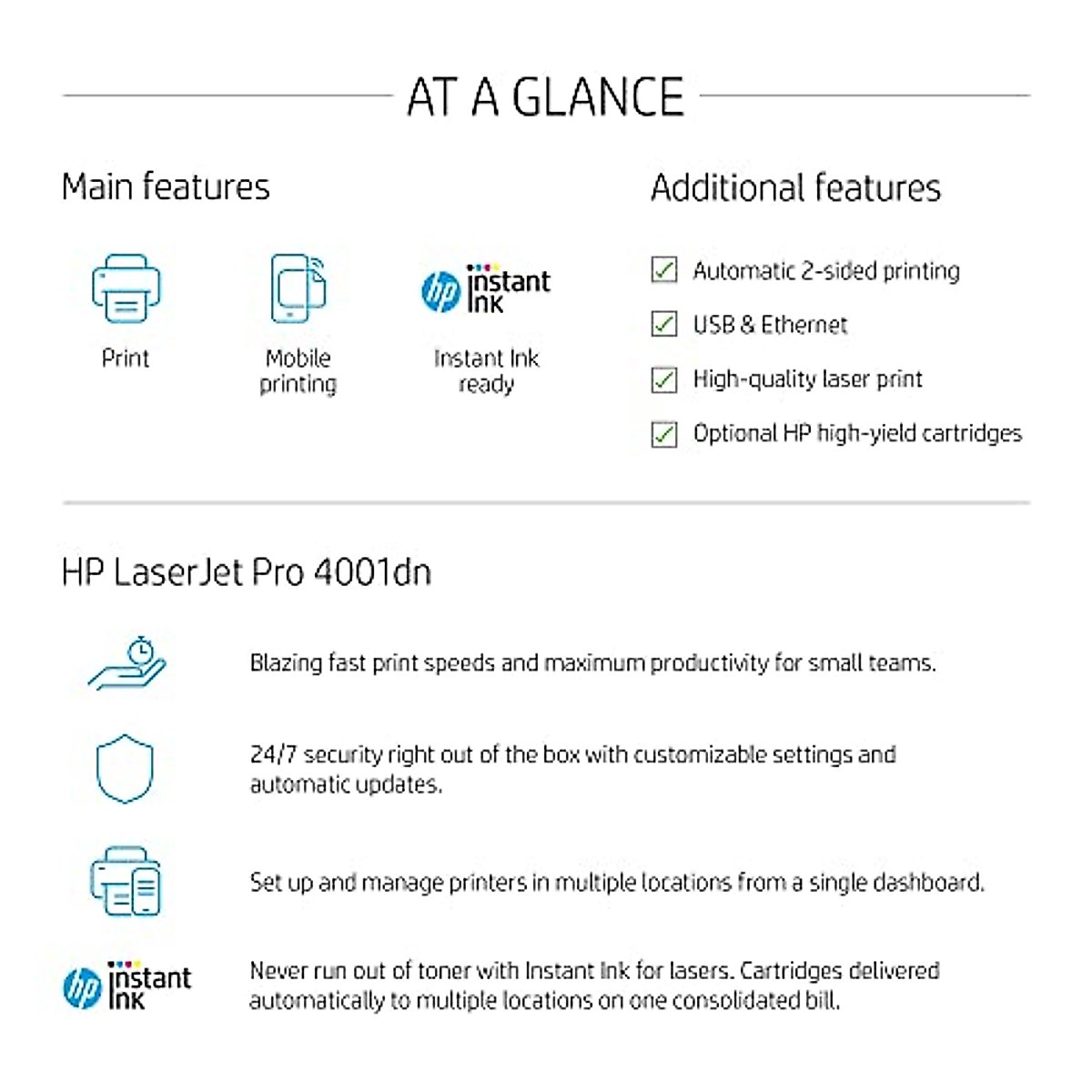 HP Laserjet Pro 4001dn Single-Function Monochrome Laser Printer, White - Print only - Mobile Printing, 42 ppm, 1200 x 1200 dpi, Auto 2-Sided Printing, 8.5 x 14, Ethernet, Hi-Speed USB