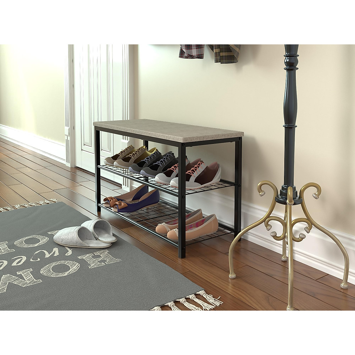 Rooflare Shoe Bench, 3 Tiers Shoe Rack for Entryway, Storage Organizer with Two Iron Shelf and top for Board, Shoe Shelf, Metal Steel Frame, Black, Durable