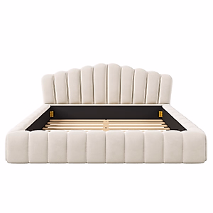 Harper & Bright Designs Queen Bed Frame Velvet Upholstered Floor Bed Frame for Boys Girls Kids Adults Toddler Shell-Shaped Headboard for Bedroom,No Box Spring Needed,Beige