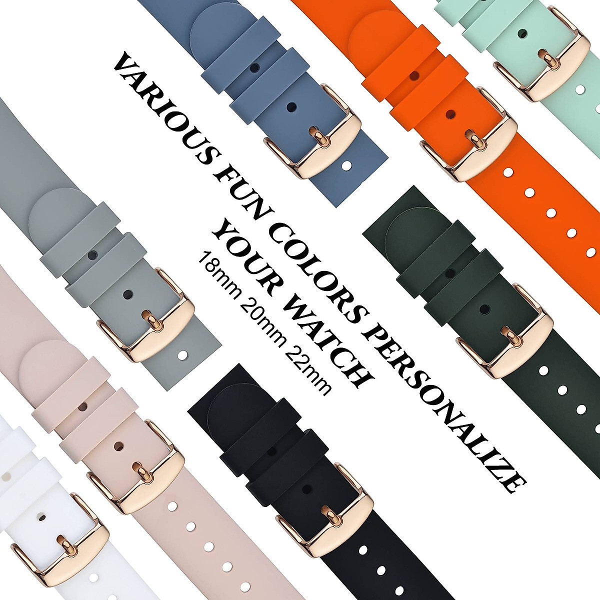 ANNEFIT Watch Band, Silicone Quick Release Soft Rubber Replacement Watch Strap 18mm with Rose Gold Buckle (Black)