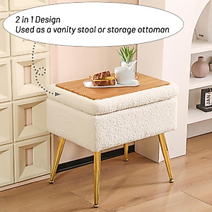 Furniliving Vanity Stool, 19.75" W x 14.75" W x 18.5" H Sherpa Vanity Bench with Storage, Faux Fur Vanity Chair for Makeup Room, Comfy Foot Rest Modern Ottoman for Bedroom, Living Room(IvoryWhite)