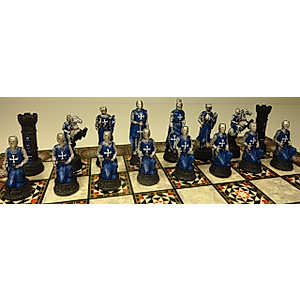 Medieval Times Crusades Warrior Chess Set Blue & White Maltese Cross with 16 1/2" Mossaic Color Board