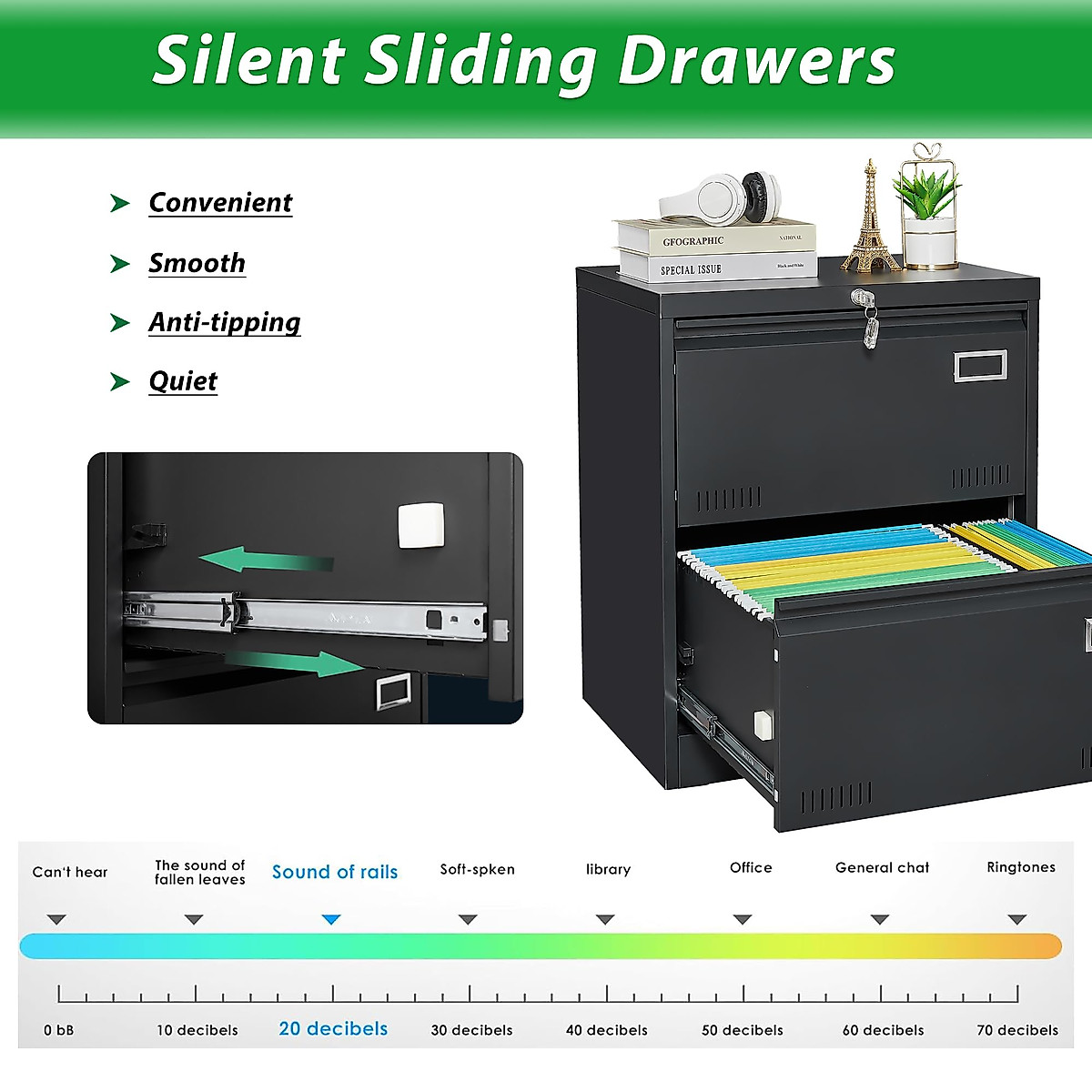 Nanberone Lateral File Cabinet, 2 Drawer Metal Lateral Filing Cabinet Hanging File with Lock for for Legal/Letter/F4 Size, Large Printer Stand Lockable File Cabinets for Home Office School, Black