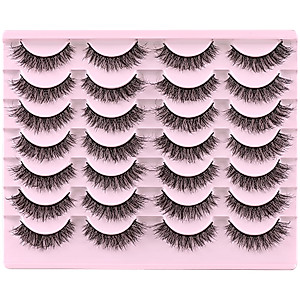 FARRED Natural Eyelashes Short Lashes Small Wispy Eyelash Sets Black Faux Mink Lashes 14 Pairs Fluffy Cat Eye Lash False Strip Lashes Pack for Daily Makeup (F1 | 8-14mm)
