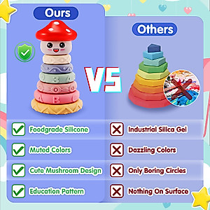 Baby Toys 6 to 12 Months 7Pcs Stacking Rings Montessori Toys for 1 Year Old Girls Boys, Soft Baby Teething Toys with Mushroom Head, Infant Sensory Educational Toys for Toddlers 1-2 Kids Birthday Gifts