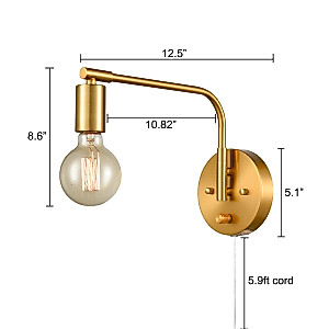 DANSEER Edison Brass Wall Sconces Set of Two Sconce Plug in with Switch Swing arm